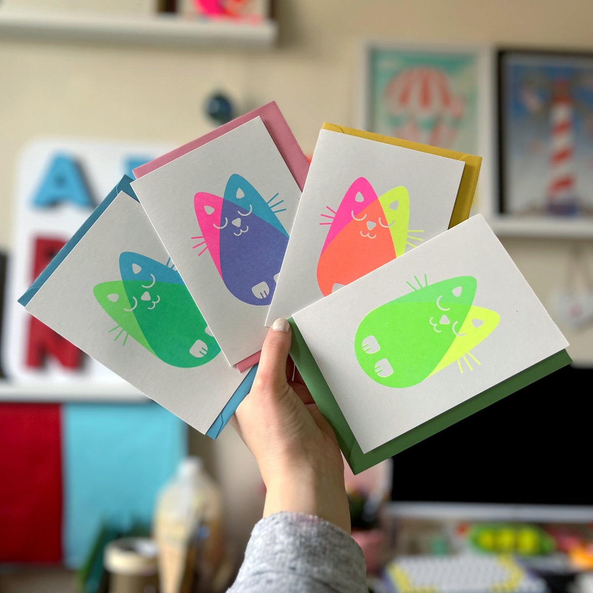 Green & Blue Screenprinted Cat Greetings Card – Manchester Museum