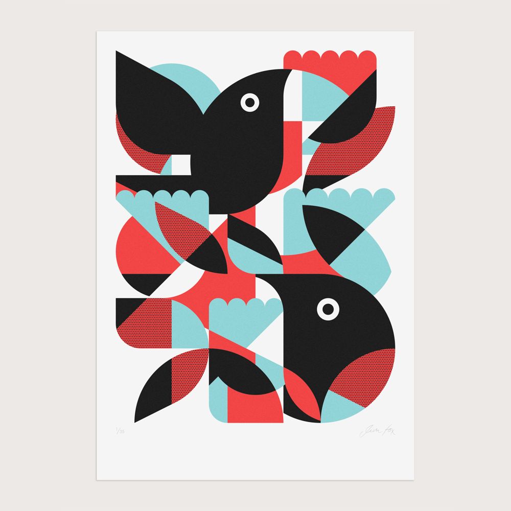 Two Blackbirds in Red & Blue - Jim Fox Limited Edition Screen Print ...